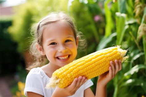 Une Collation Dété Saine Une Jolie Fille Du Maïs Jaune Sucré Bouilli Sur La Gousse Sans Ogm
