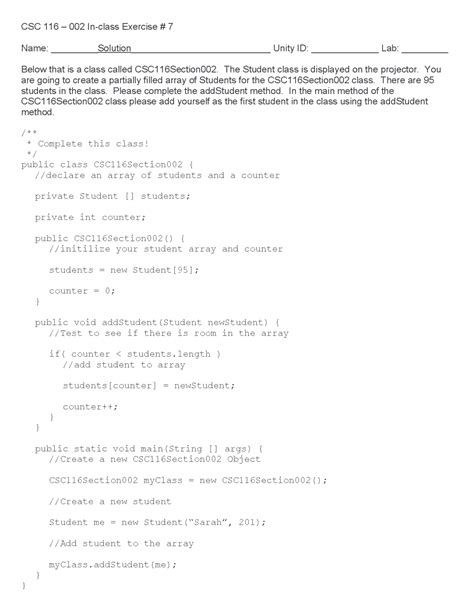 introduction to computing java assignment 7 solutions csc 116