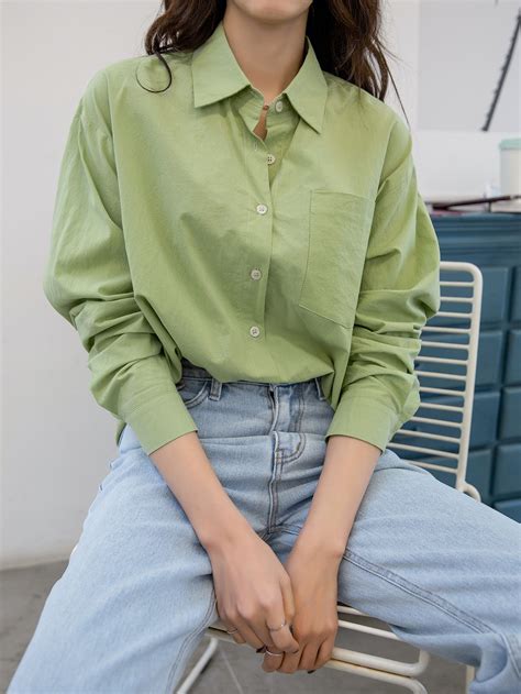 Dazy Drop Shoulder Pocket Patched Blouse Shirt Outfit Women Green