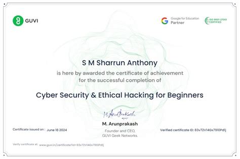 completed cyber security and ethical hacking for beginners sharrun
