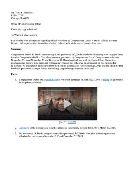 Rep Danny Davis House Ethics Complaint 2024 Documentcloud