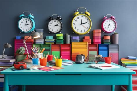 Premium Photo Desk Covered With School Supplies And Colorful Alarm Clocks