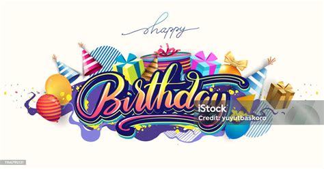 생일 축 하에 대 한 풍선 색종이와 선물 상자 디자인 서식 파일 인사말 카드와 포스터에 대 한 행복 한 생일 타이포 그래피 벡터 디자인 공휴일에 대한 스톡 벡터 아트 및