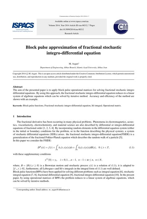 Pdf Block Pulse Approximation Of Fractional Stochastic Integro