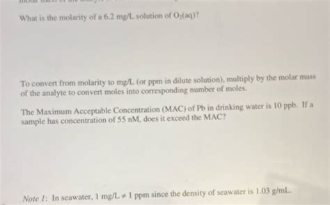 [solved] Please Answer The Two Questions What Is The Molarity Of A 6 2 Mg L Course Hero