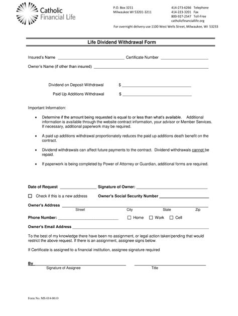 Life Dividend Withdrawal Form Catholic Financial Life Fill Out And
