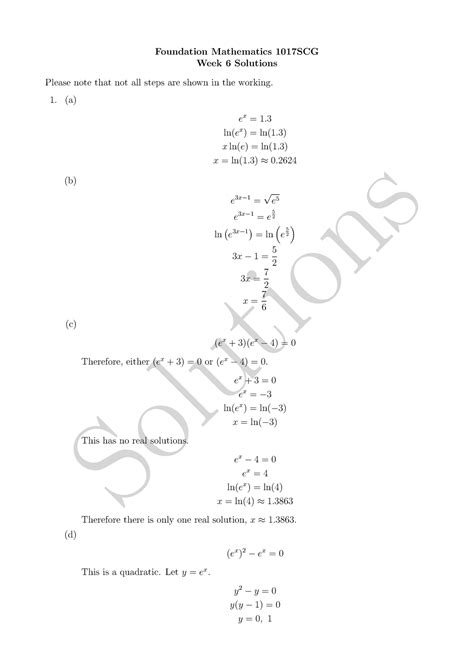 Week 6 Solutions Summary Sheet For Week 6 Lecture Notes Solutions Foundation Mathematics