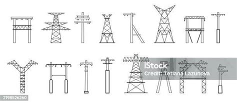 전봇대 세트 전력선 철탑 에너지 전송 건설 전선 및 케이블이 있는 전기 포스트 에너지 분배 인프라 Vector Poles 컬렉션 0명에 대한 스톡 벡터 아트 및 기타 이미지