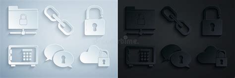 Set Protection Of Personal Data Open Padlock Safe Cloud Computing Chain Link And Ftp Folder