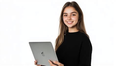 A Girl Holds A Laptop With The Apple Logo On It Premium Ai Generated