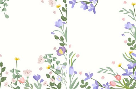 봄 꽃 튤립 크로커스 라벤더 및 녹색 잎이있는 밝은 포스터의 콤보 엽서 봄 개화 배너 카드 포스터에 이상적입니다 벡터 그림입니다 0명에 대한 스톡 벡터 아트 및 기타 이미지