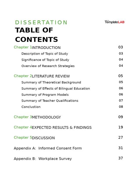 Dissertation Table Of Contents Template Pdf
