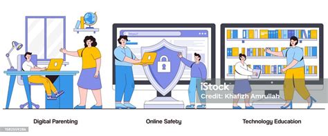 디지털 육아 온라인 안전 캐릭터가 있는 기술 교육 개념 디지털 가족 추상 벡터 일러스트레이션 세트입니다 지침 모니터링 건강한 디지털 습관 은유 감시에 대한 스톡 벡터 아트