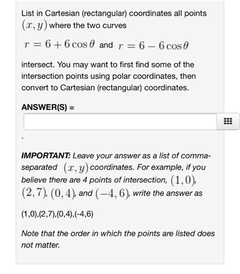 solved list in cartesian rectangular coordinates all