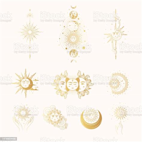 천상의 태양과 달 황금 컬렉션 고립 된 10 개의 난해한 개체 집합 신비로운 디자인 타로 카드 및 스티커를위한 보호 스타일의