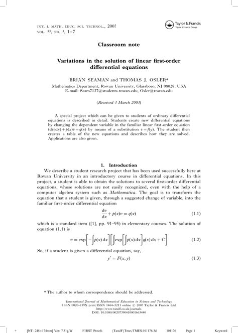 Pdf Classroom Note Variations In The Solution Of Linear First Order Differential Equations