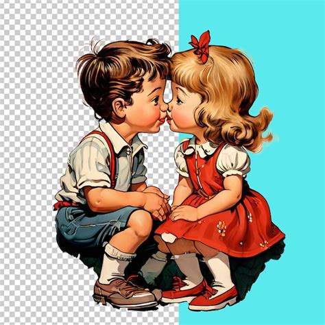 Illustration De Dessin Animé Dun Baiser Entre Deux Jeunes Enfants