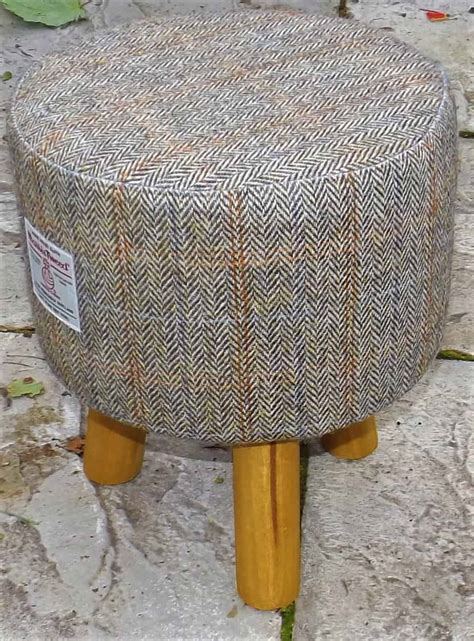 Small Round Footstool With Herringbone Check Harris Tweed Scottish Island Ts