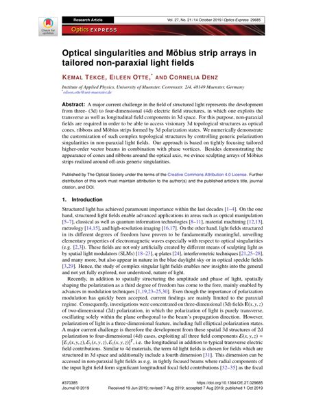 Pdf Optical Singularities And Möbius Strip Arrays In Tailored Non Paraxial Light Fields