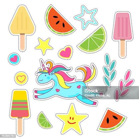 여름 스티커 다채로운 아이스크림 유니콘 식물 별 하트 레몬 석 회 수 박의 집합입니다 낙서 그림입니다 벡터입니다 감귤류 과일에 대한 스톡 벡터 아트 및 기타 이미지 Istock