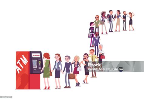 Atm 근처 라인에서 큐에 대기 하는 사람 그룹 고객에 대한 스톡 벡터 아트 및 기타 이미지 고객 은행 대규모 Istock