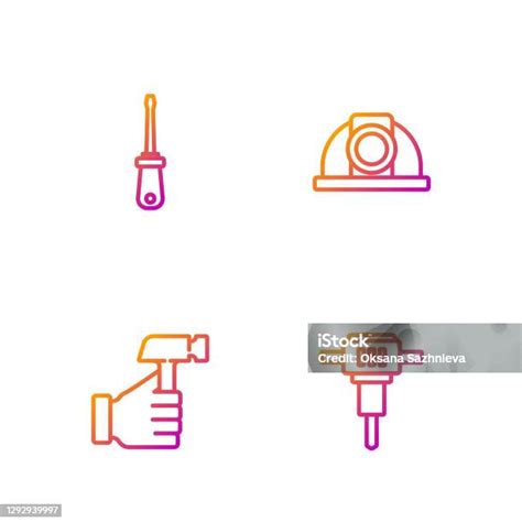 세트 라인 건설 잭해머 해머 드라이버 및 작업자 안전 헬멧 그라데이션 색상 아이콘입니다 벡터 갈고리 발톱에 대한 스톡 벡터 아트 및 기타 이미지 Istock