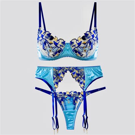 Hellolagirl Fresh Blue Satin Embroidered Lingerie Hellolagirl