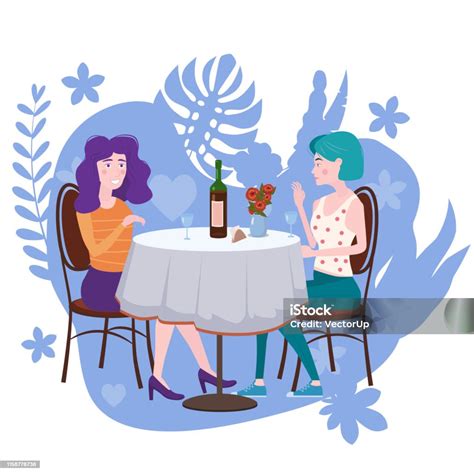 카페에서 두 여자 친구의 낭만적 인 만남 의자에 포도 나무를 마시고 앉아서 회의와 대화에서 재미와 휴식을 취하십시오 우정과 의사 소통 사랑 식물 배경 개념 벡터 일러스트