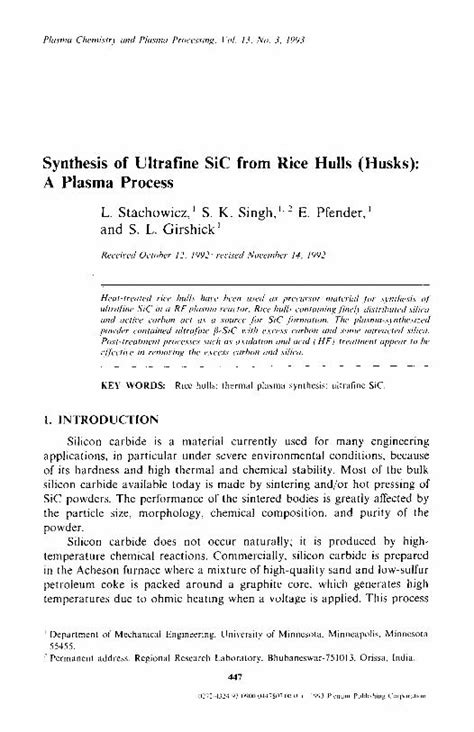 Pdf Synthesis Of Ultrafine Sic From Rice Hulls Husks A Plasma