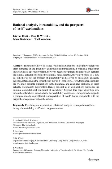 Pdf Rationality Intractability And The Prospects Of ‘as If