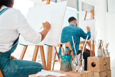 Art Class Canvas And Painting With People In Studio For Education Hobby Or Learning From Back