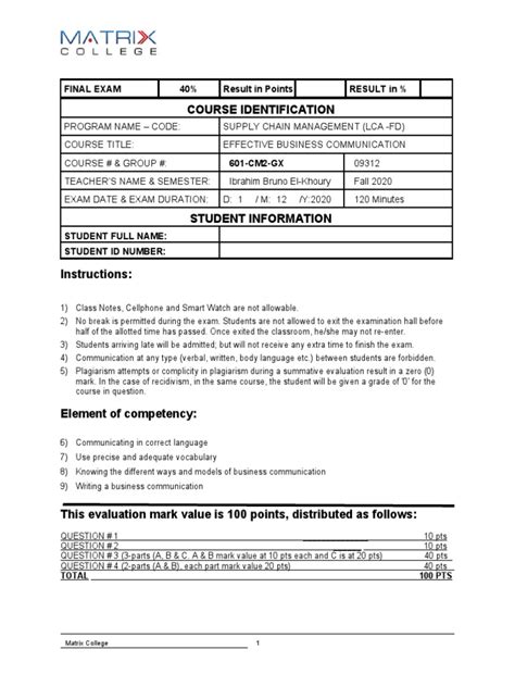 Business Communication Final Exam Matrix Pdf Test Assessment