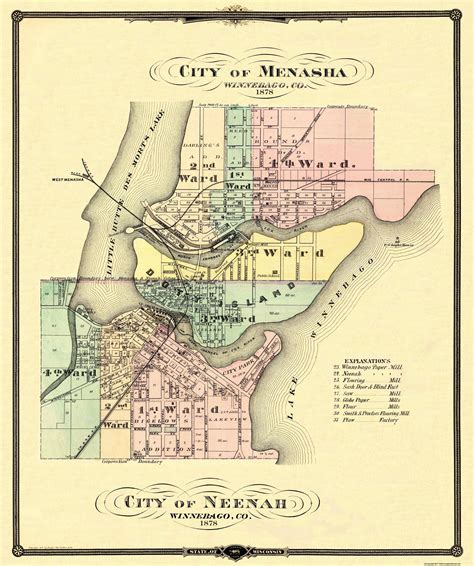 Historic City Map Menasha Neenah Wisconsin Snyder 1878 Vintage W