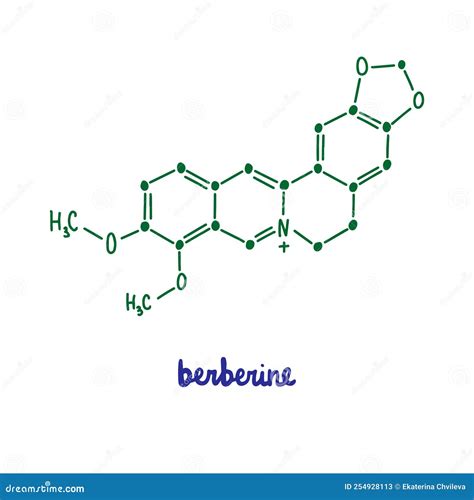 Berberine Hand Drawn Vector Formula Chemical Structure Lettering Blue Green