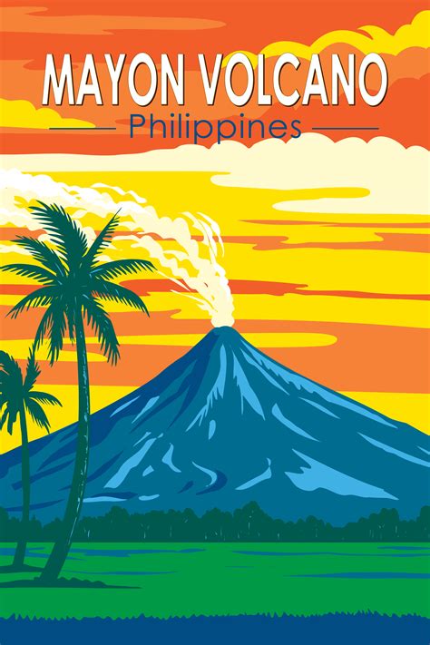 Majestic Beauty Retro Art Poster Of Mayon Volcano Philippines Mayon