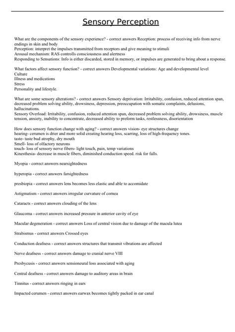 Sensory Perception With Complete Solutions Latest Upload Sensory