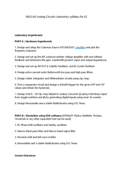 Analog Circuit Lab Syllabus ECL Analog Circuits Laboratory Syllabus For EC Laboratory