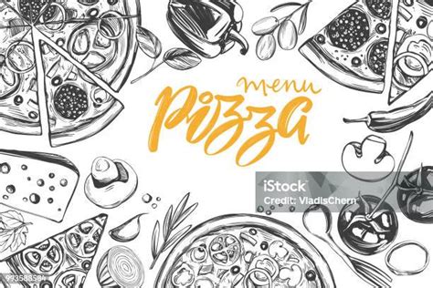 이탈리아 피자 피자 재료 기호 손으로 그려진된 벡터 일러스트 레이 션 현실적인 스케치의 컬렉션 개체 그룹에 대한 스톡 벡터 아트