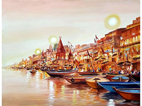 Morning At Varanasi Ghat Painting By Samiran Sarkar Exotic India Art