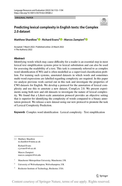 Pdf Predicting Lexical Complexity In English Texts The Complex 20 Dataset