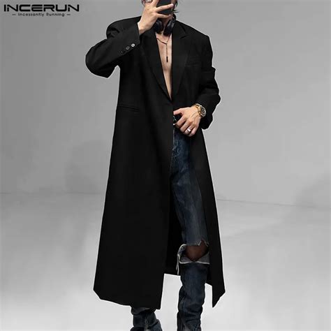 Incerun 남성 트렌치 솔리드 스트리트웨어 코트 라펠 원 버튼 긴 소매 롱 스타일 윈드 브레이커 2022 패션 캐주얼 얇은 오버코트 Aliexpress