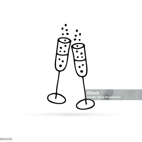낙서 선 아이콘입니다 스케치 웨딩 토스트 와인 잔 알코올 음료 스파클링 와인과 축하의 일러스트를 위한 거품이 있는 실루엣 샴페인 기호 로맨틱 윤곽선 벡터입니다 결혼식에 대한