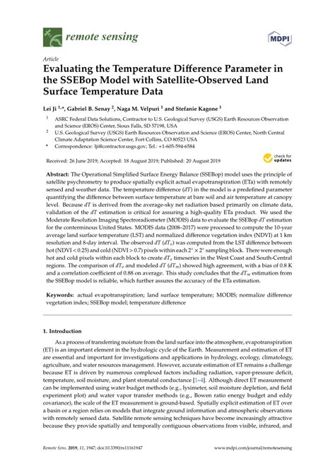 Pdf Evaluating The Temperature Difference Parameter In The Ssebop Model With Satellite