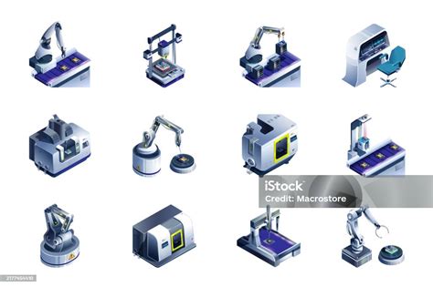 아이소메트리 디자인에 설정된 3d 아이소메트릭 아이콘의 생산 웹 개념 자동화 컨베이어용 로봇 팔 자동 제조 라인 마이크로칩 가공 인쇄 기타 벡터 일러스트 레이 션 3차원