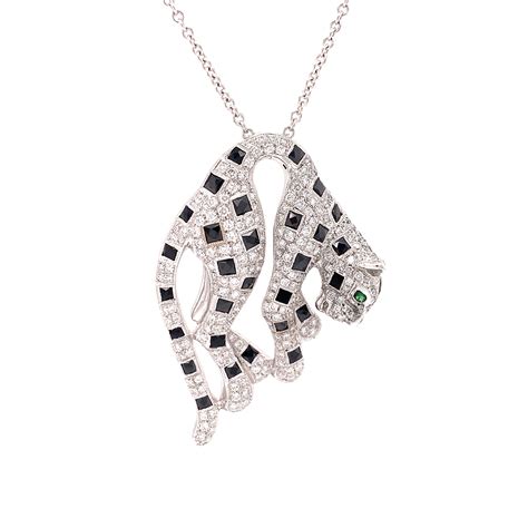 Panther Diamond Onyx And Tsavorite 18k White Gold Designer Necklace