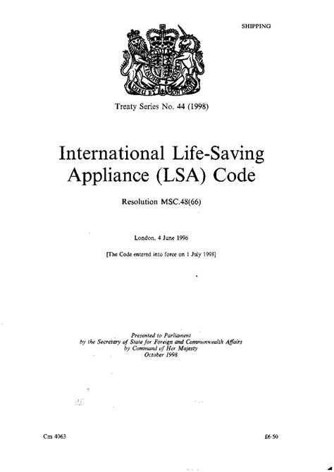 LSA Code Lsa Code SHIPPING Treaty Series No International Life Saving Appliance