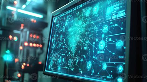 Futuristic Control Room Monitoring Global Network Activity On Computer Screen 55098577 Stock