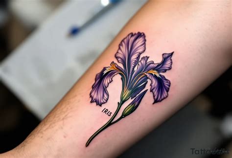 Big Purple Flower With The Name “iris” Written In The Stem Of The