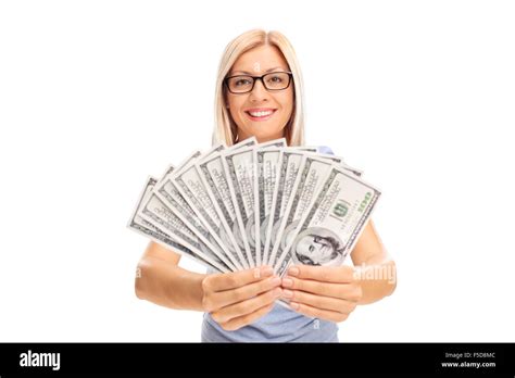 Young Blond Woman Spreading A Stack Of Money And Showing It To The