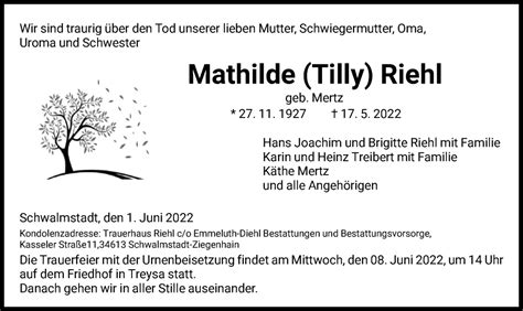 Traueranzeigen Von Mathilde Riehl Trauerhnade